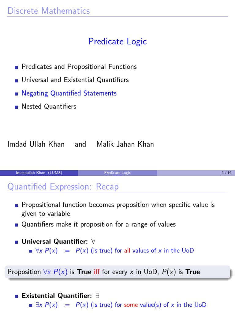 Discrete Mathematics - Predicate Logic | PDF | Proposition | Metalogic
