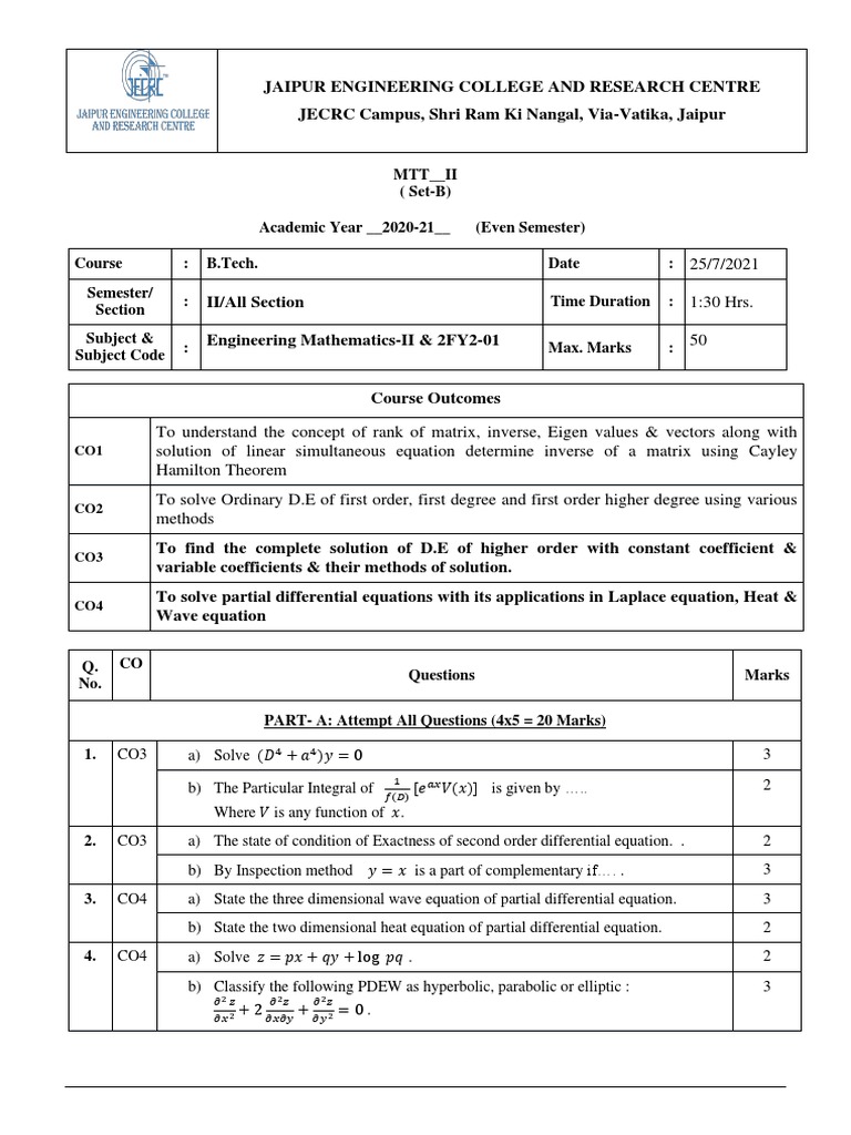 Engineering Mathematics II Exam Paper | PDF | Partial Differential ...