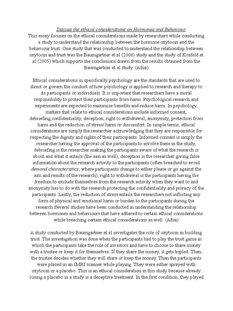 ERQ On Hormones and Behaviour | PDF | Informed Consent | Deception