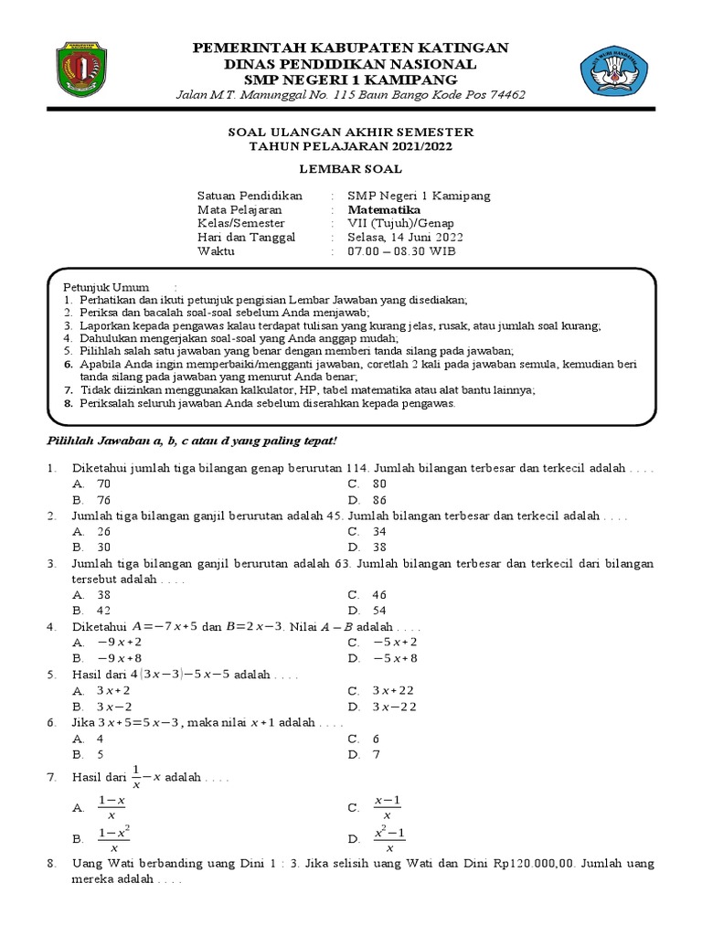 Soal Ulangan MTK Ar22 Kelas 7 SMT 2 22 | PDF