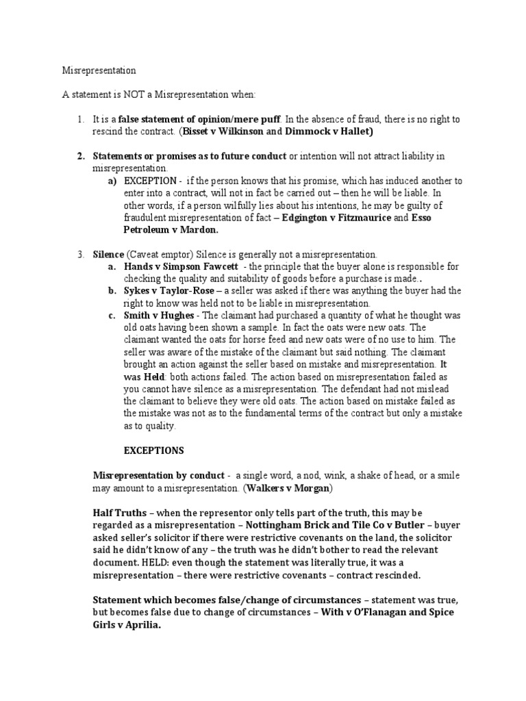 Misrepresentation - Mindmap Draft | PDF | Misrepresentation | Damages