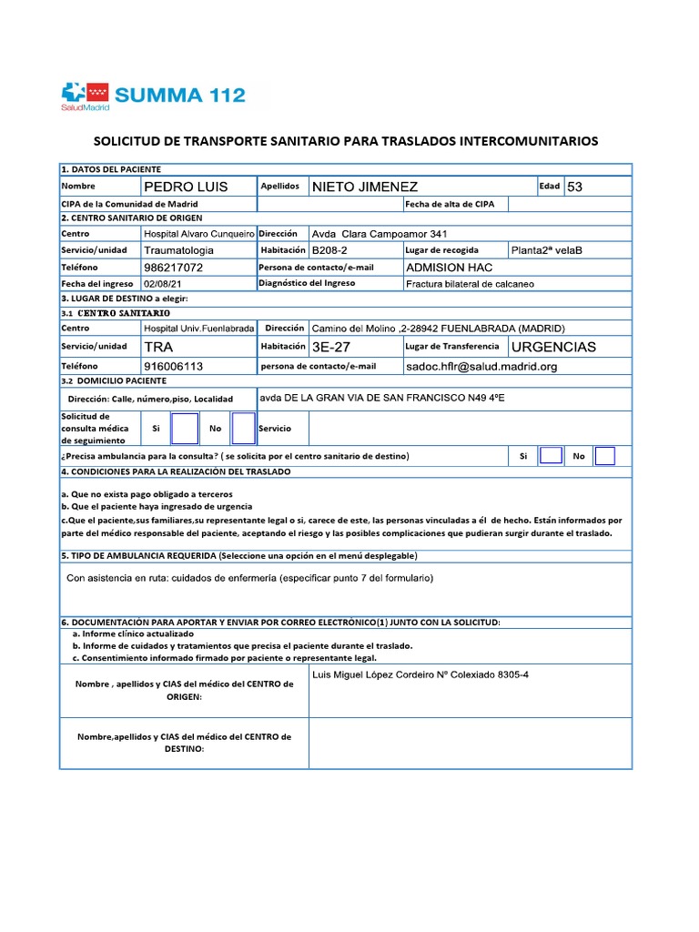 Solicitud de transporte sanitario intercomunitario para traslado de ...