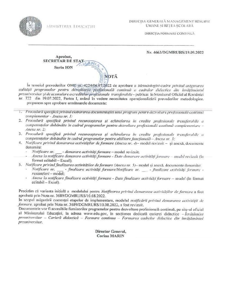Nota 4663 19.09.2022 Aprobare Documente | PDF