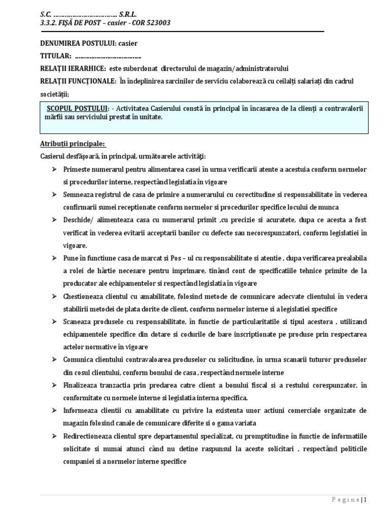 3.3.2. Fisa de Post - Casier | PDF
