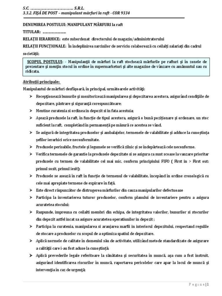 3.3.2. Fisa de Post - Manipulant Marfuri | PDF