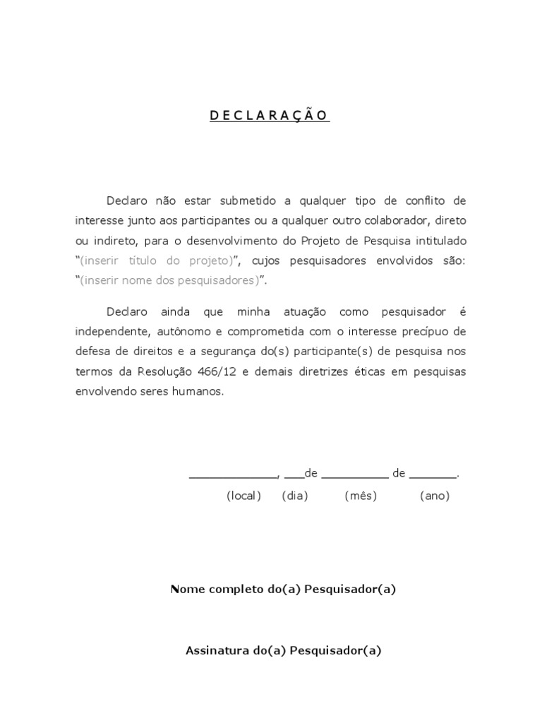 Declaração de Conflito de Interesse e Compromisso com a Ética em ... Declaração de Conflito de Interesse e Compromisso com a Ética em ...