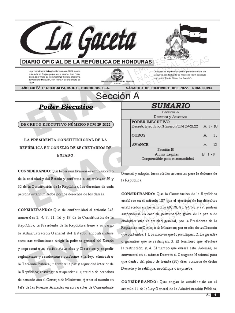 Gaceta 3 de Diciembre de 2022, 36,093 Seccion A | PDF | Policía | Honduras