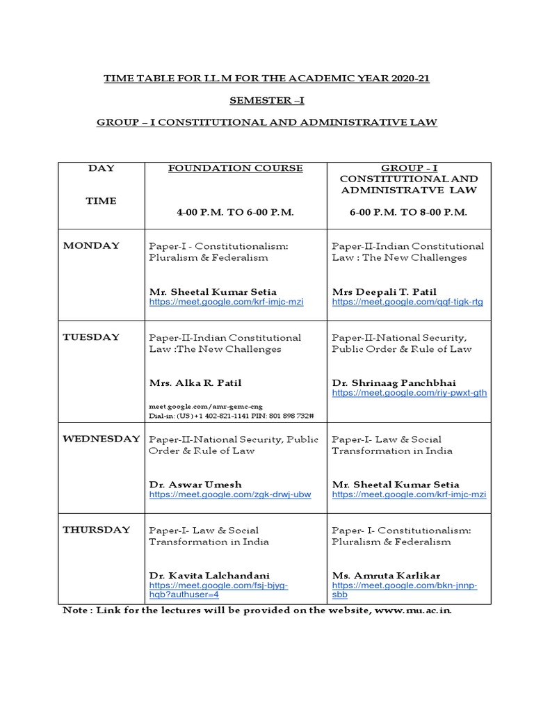 LL.M.-SEM.-I-Time-Table-2020-2021-REVISED-with-links | PDF | Ethical Principles | Government