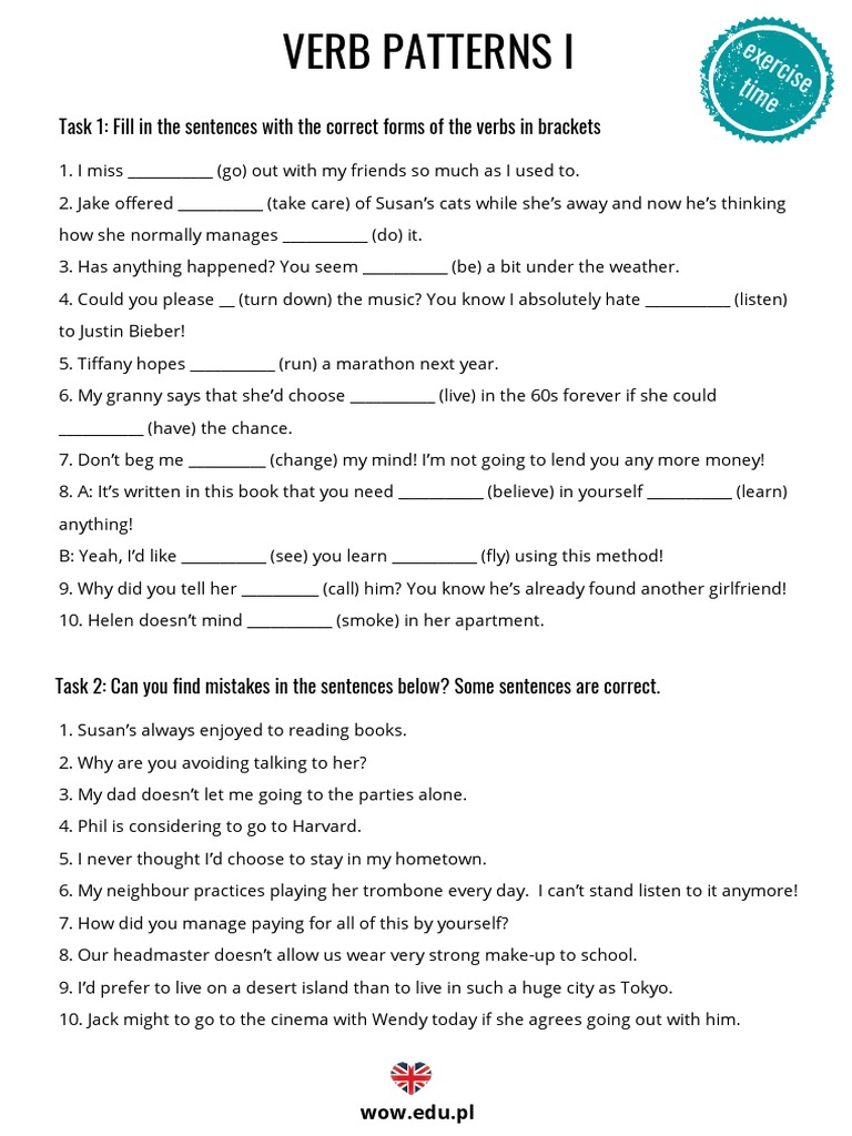 Verb Patterns Ćwiczenia | PDF