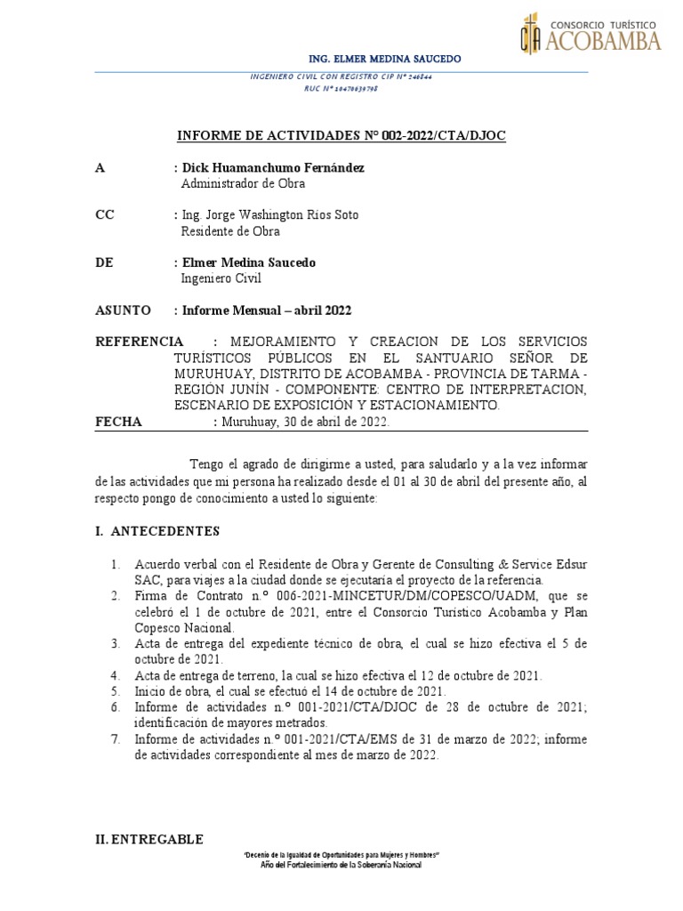 Informe 01-2022-CTA-EMS - Informe Mensual Mar-22 | PDF
