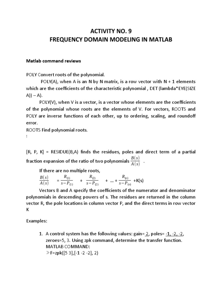 Activity No.9 Frequency Domain Modeling in Matlab | PDF | Polynomial | Applied Mathematics