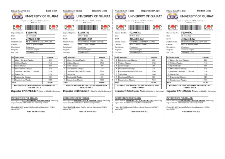 Bank Deposit Slip for University Fees | PDF | Fee | Services (Economics)