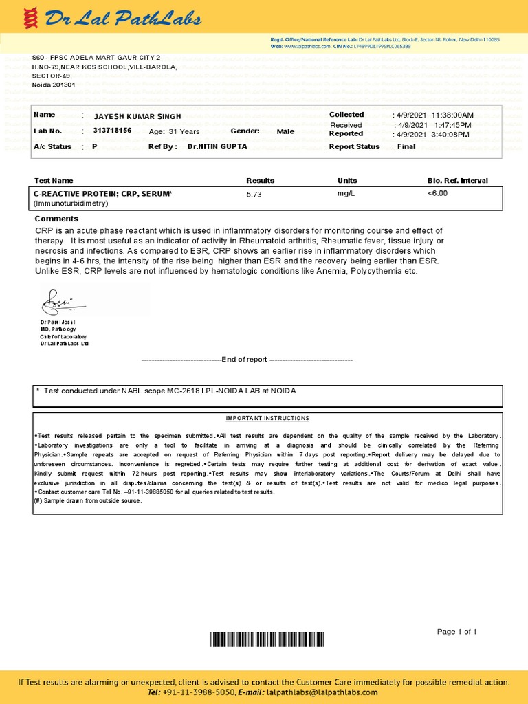 LAB Report | PDF | C Reactive Protein | Health Sciences