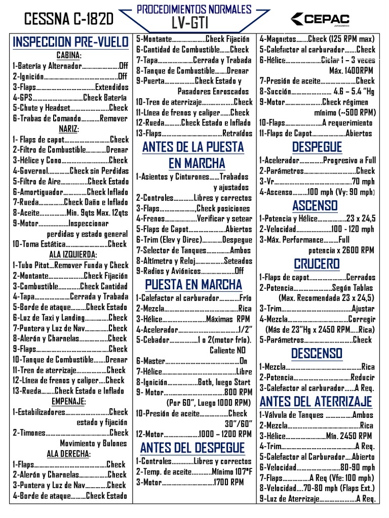 Checklist Cessna 182 B | PDF | Aviación | Aeronave
