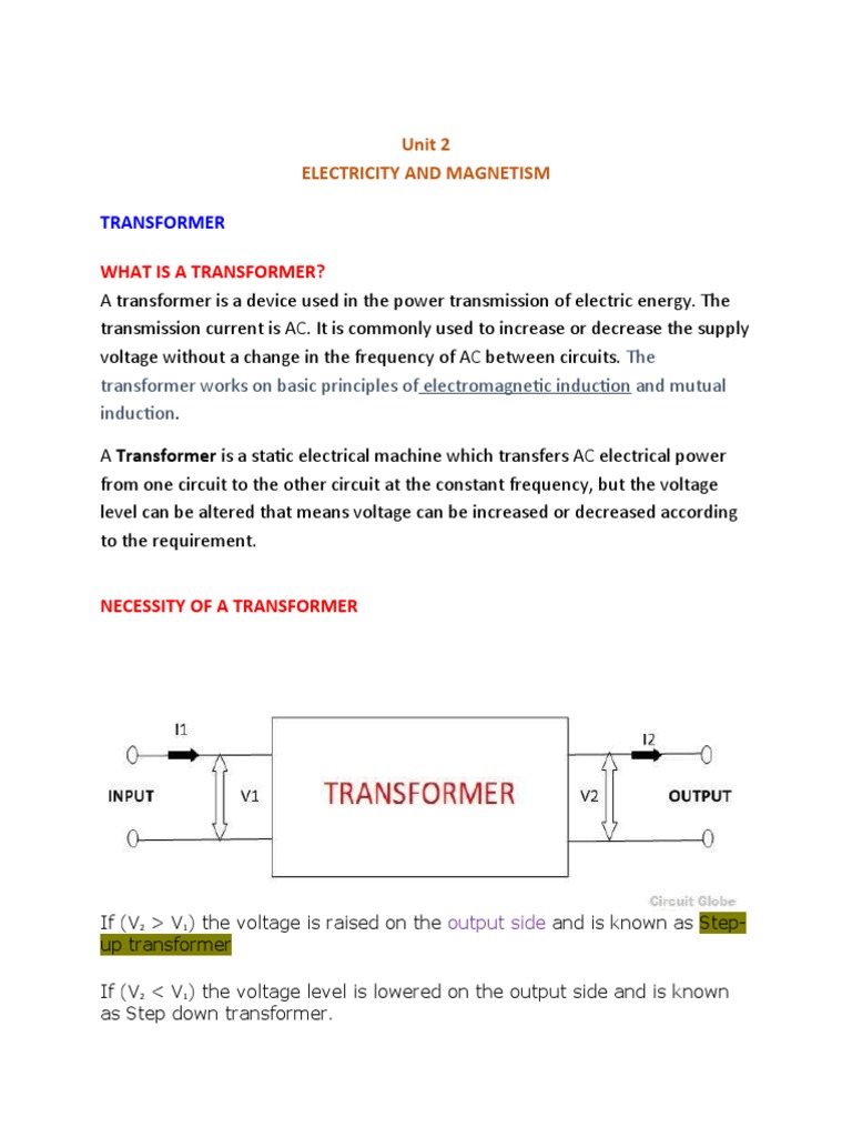 UNIT 2-Electricity and Magnesium | PDF | Transformer | Inductor