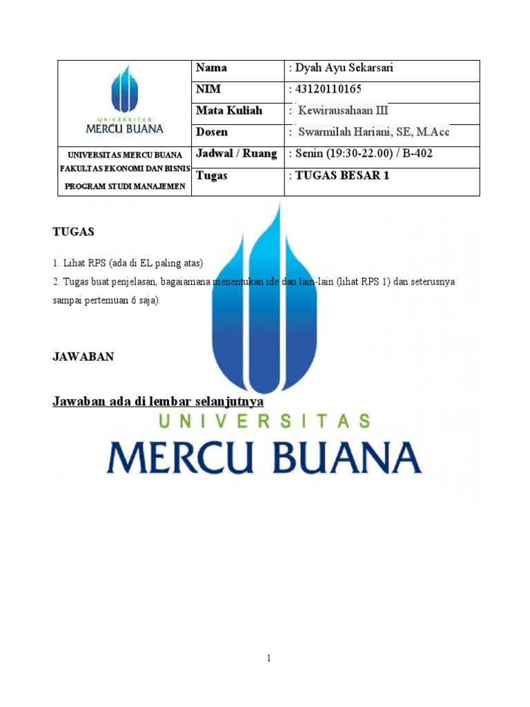 TB 1 - Dyah Ayu Sekarsari - KWH 3 - Senin | PDF