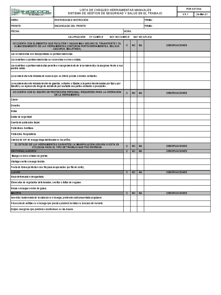Lista de Chequeo Herramientas Manuales Ingecool | PDF