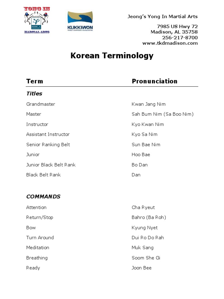 Korean Terms | PDF | Taekwondo | Combat Sports