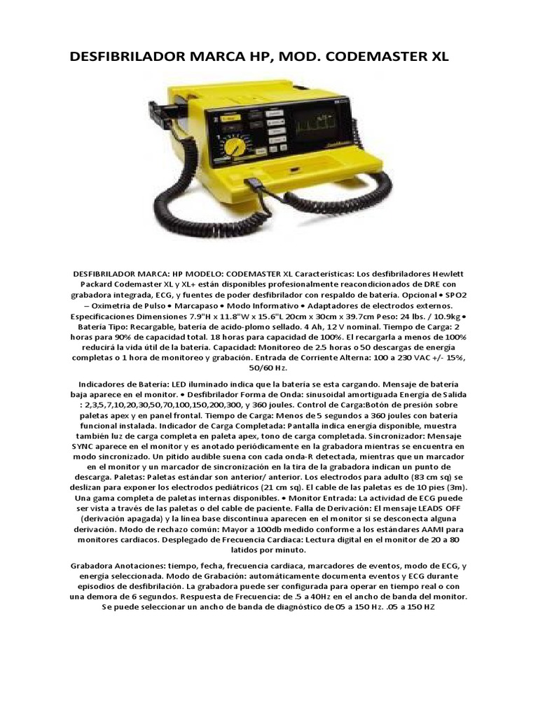 Desfibrilador HP Codemaster XL | PDF | Electrocardiografia | Bienes manufacturados