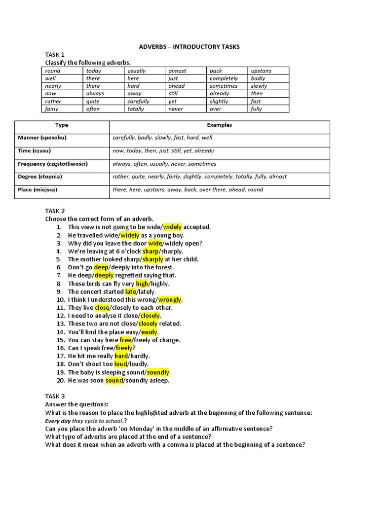 Adverbs - Introductory Tasks | PDF | Adverb | Linguistics