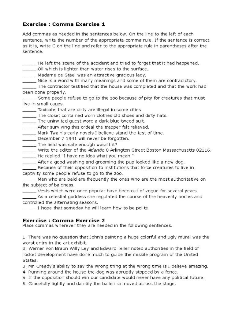Comma - Exercises | PDF