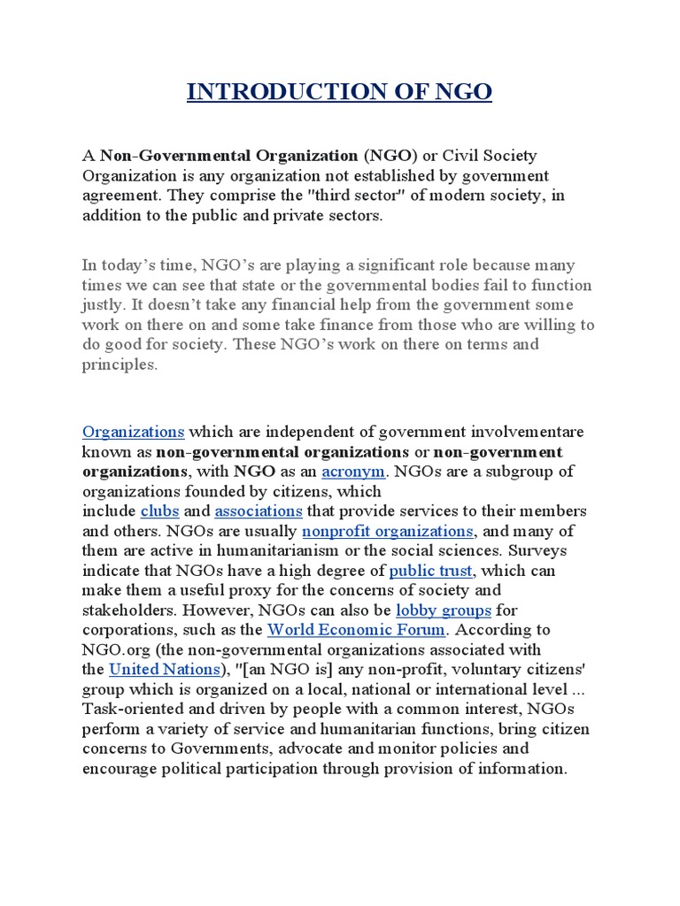 Introduction of Ngo | PDF | Non Governmental Organization | Political ...