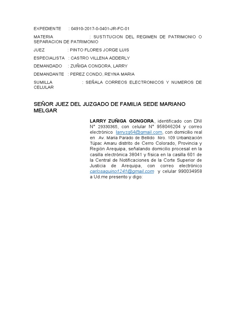 Larry Zuñiga Gongora Señala Correo y Numero de Celular | PDF