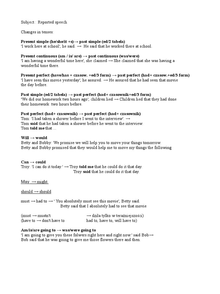 Reported Speech Tense Changes Guide | PDF | Linguistic Morphology | Syntax