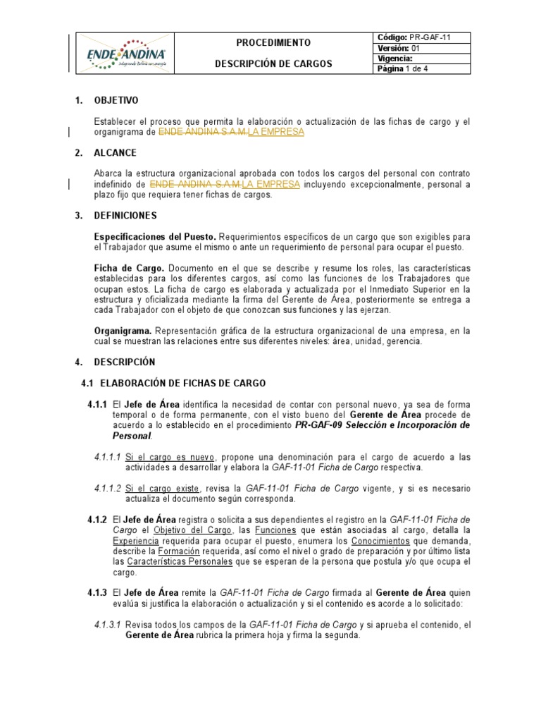 PROCEDIMIENTO Descripcion Cargos | PDF | Gestión de recursos humanos | Business