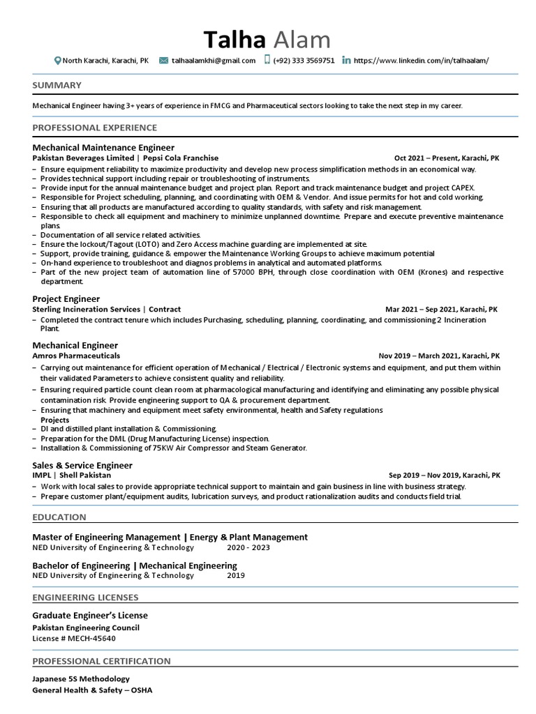 Talha Alam - Resume - Roche | PDF | Engineering | Safety