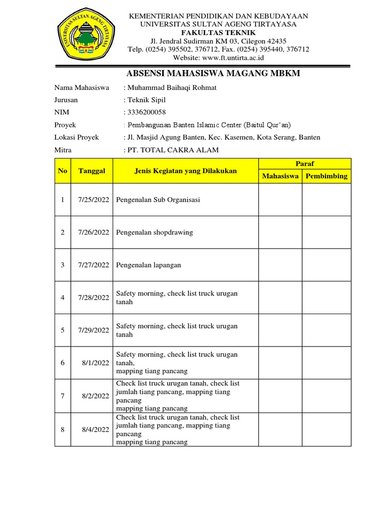 Absensi Magang Mahasiswa Teknik Sipil | PDF