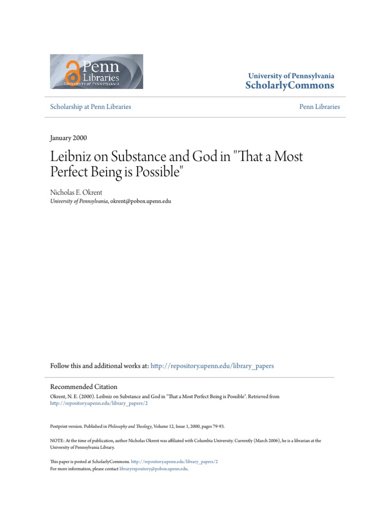 Leibniz On Substance and God in That A Most Perfect Being Is Possible ...