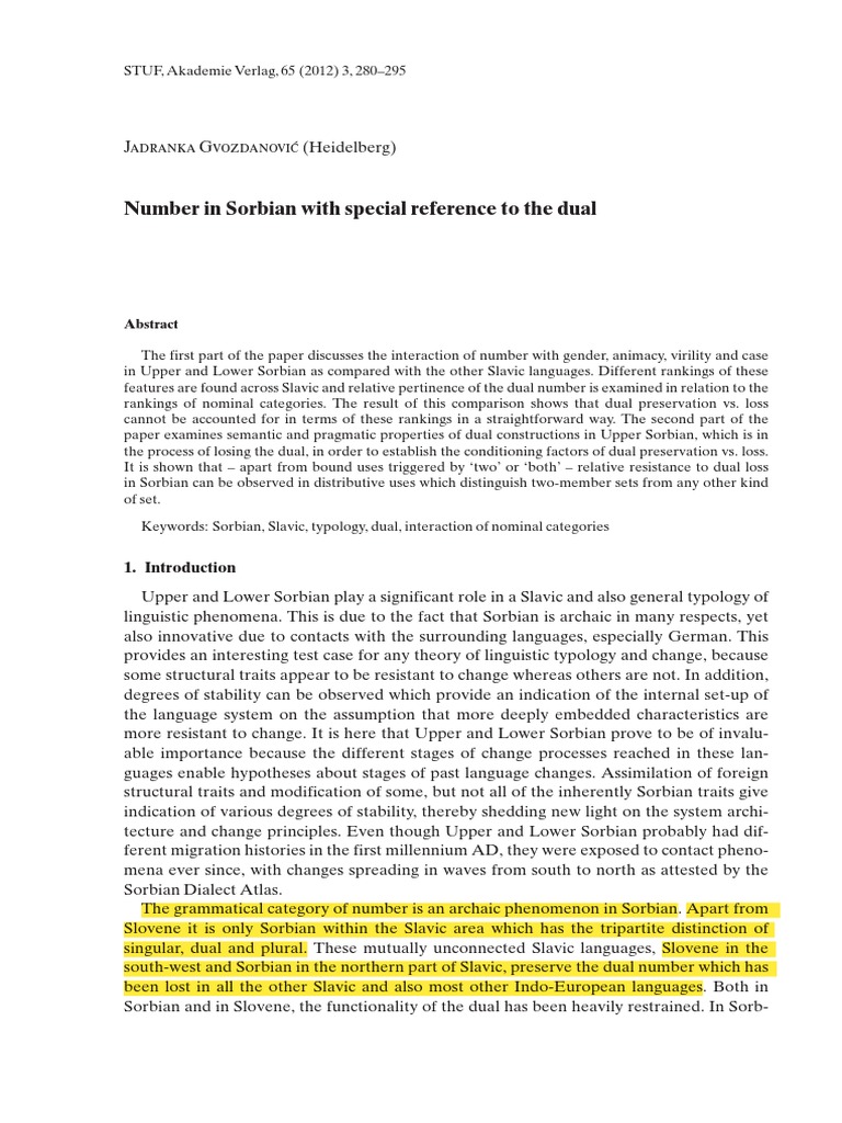 Sorbian Dual: Linguistic Insights | PDF | Grammatical Gender ...
