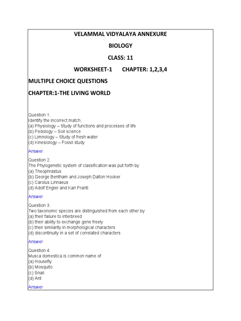 Class11 - BIO - MCQ - Worksheet - (1-4 Chapter) | PDF | Plants | Plant ...