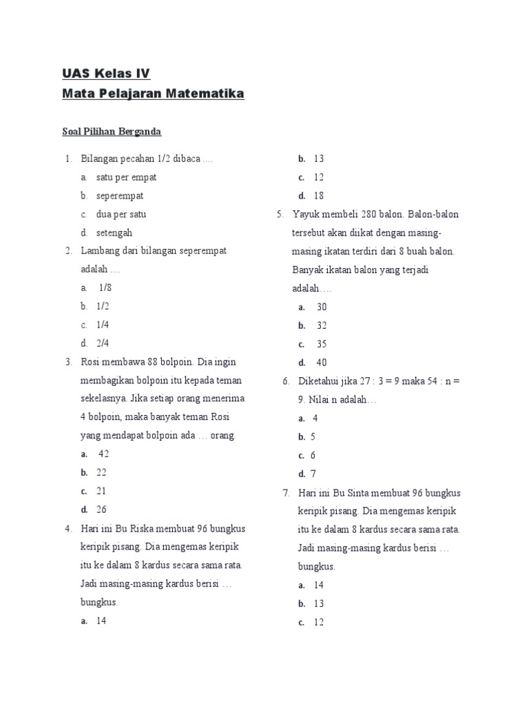 UAS Kelas IV Mata Pelajaran Matematika: Soal Pilihan Berganda | PDF