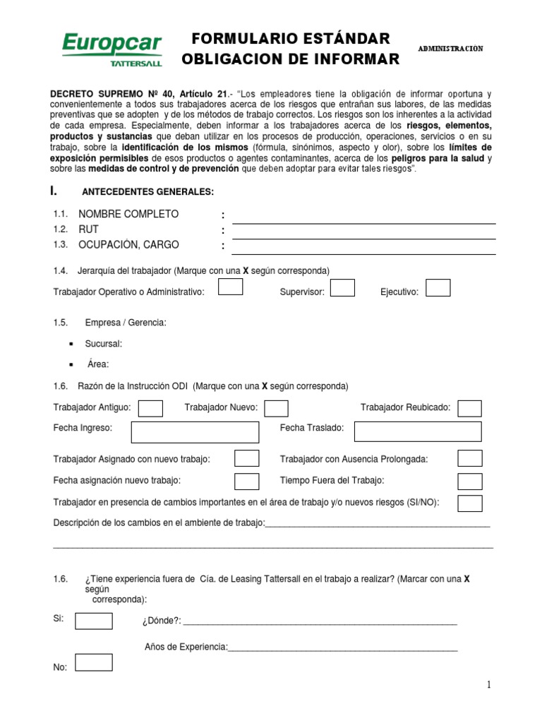 Formato ODI (Administración) | PDF | Seguridad y salud ocupacional ...