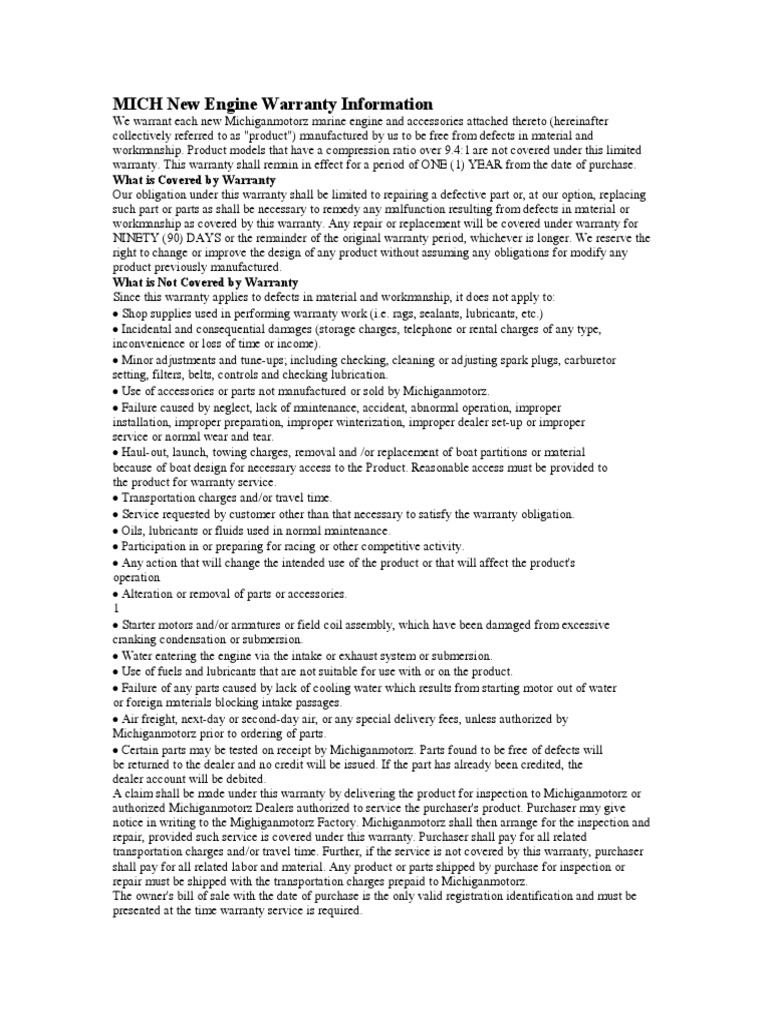 MICHIGAN MOTORZ - New Engine Warranty Information | PDF | Implied Warranty