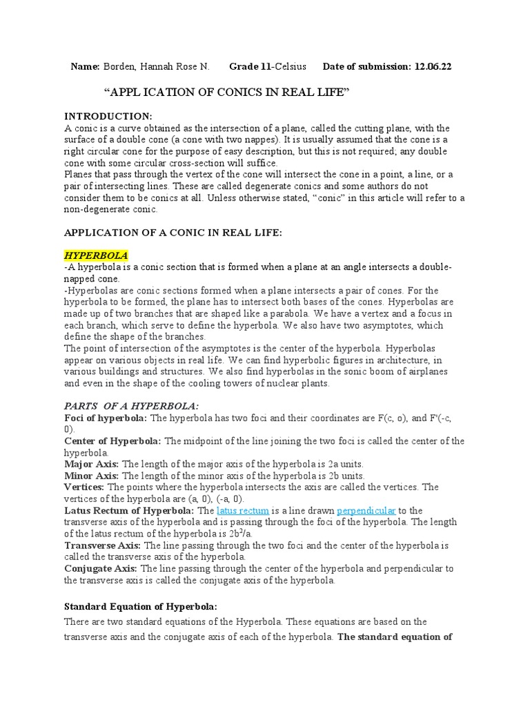 APPL ICATION OF CONICS IN REAL LIFE Research | PDF | Cartesian ...