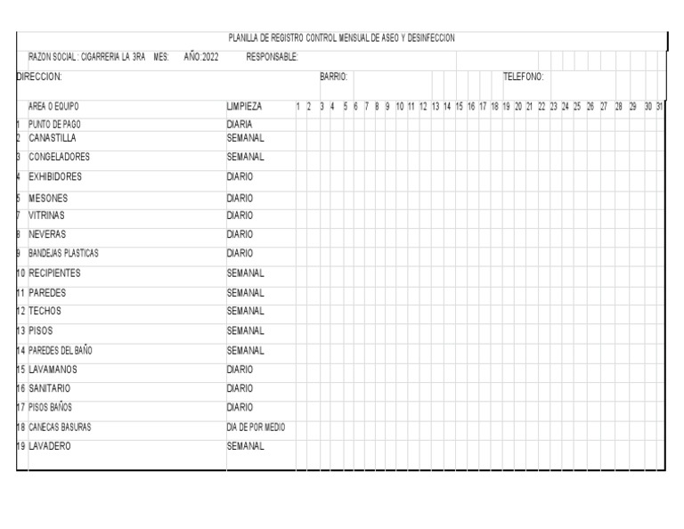 Planilla de Registro Control Mensual de Aseo y Desinfeccion | PDF