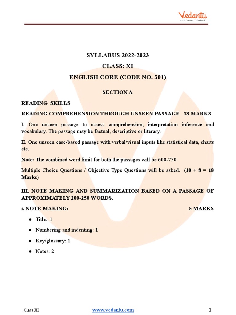 CBSE Class 11 English Core Syllabus | PDF | Reading Comprehension ...