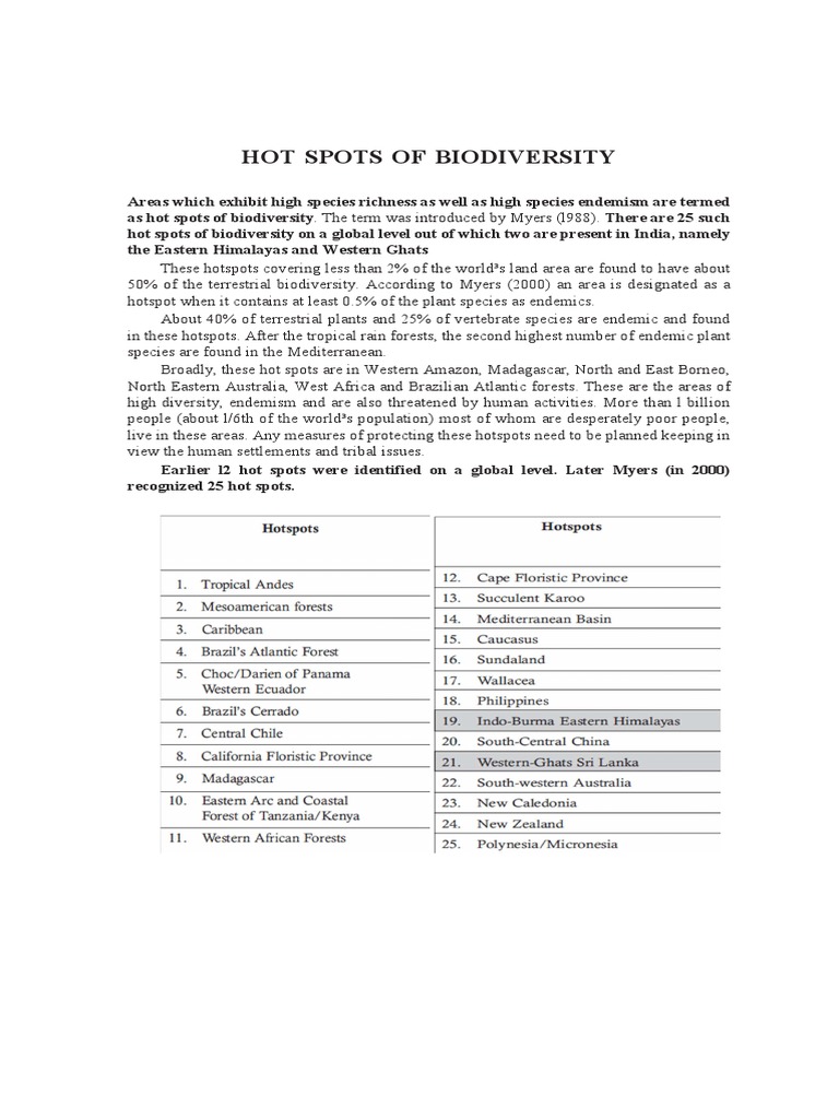 EVS Notes - Hotspots of Biodiversity | PDF | Biodiversity | Biogeography