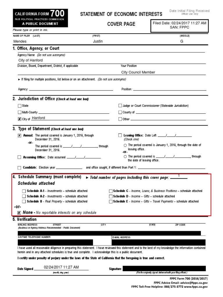 JM Hanford CC Form 700 - 2017 | PDF | Justice | Crime & Violence
