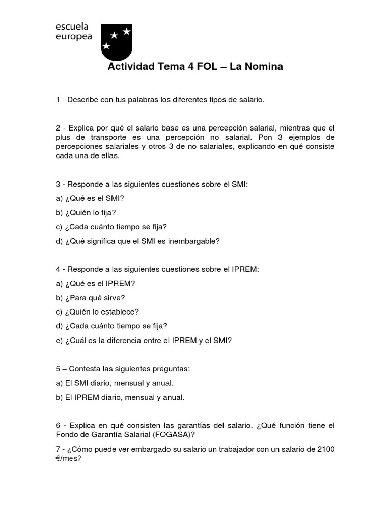 Actividad Tema 4 FOL | PDF | Salario | Economias