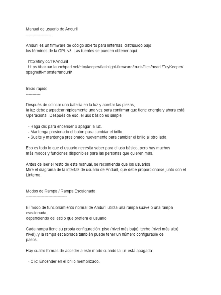 Guía de Uso del Firmware Anduril | PDF | Diodo emisor de luz | Temperatura