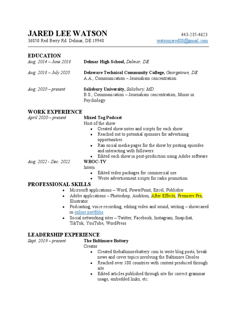Jared Lee Watson Resume Download Free Pdf Communication Mass Media