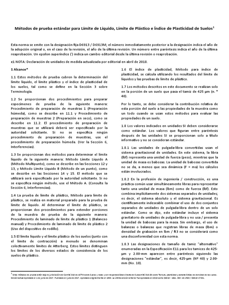 D4318 Limite Liquido y Plastico | PDF | Plasticidad (Física) | Líquidos