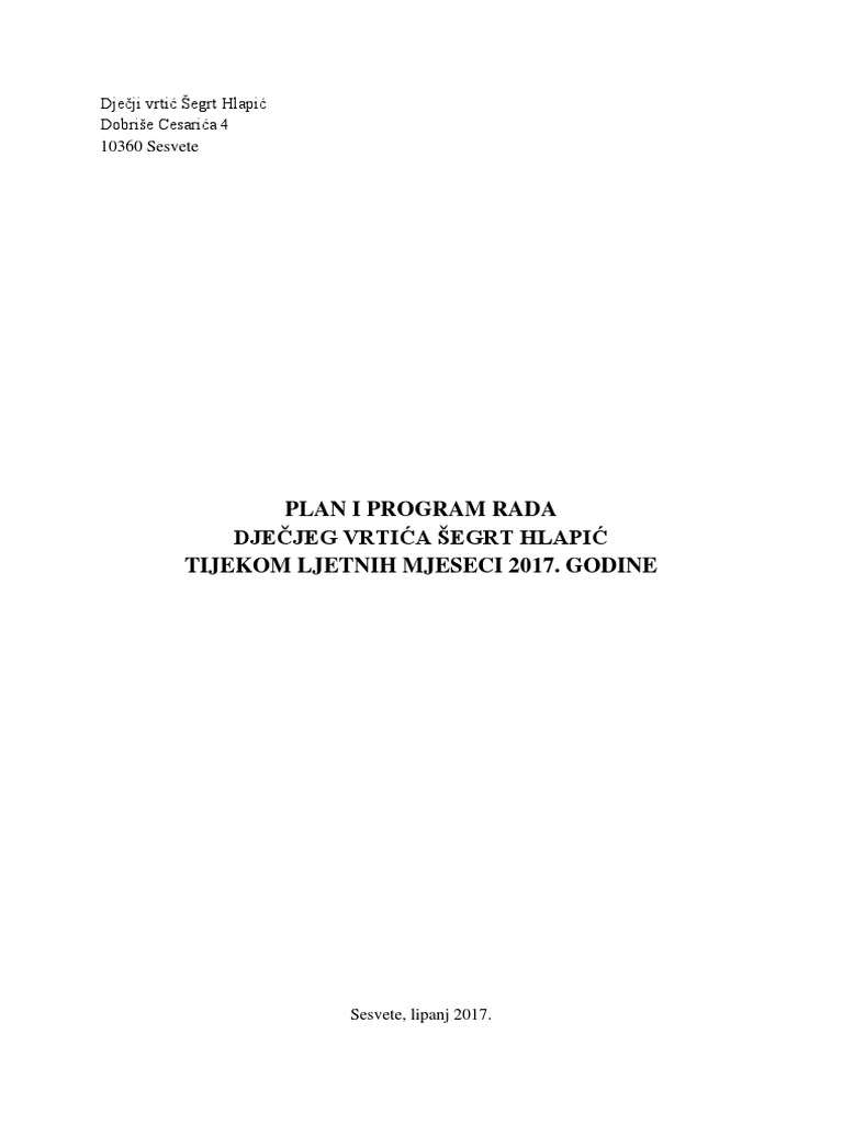Ljetni Plan I Program Rada 2017 | PDF