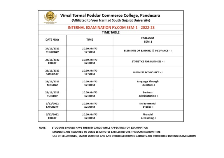 Revised Time Table Sem-1 2022-23 | PDF