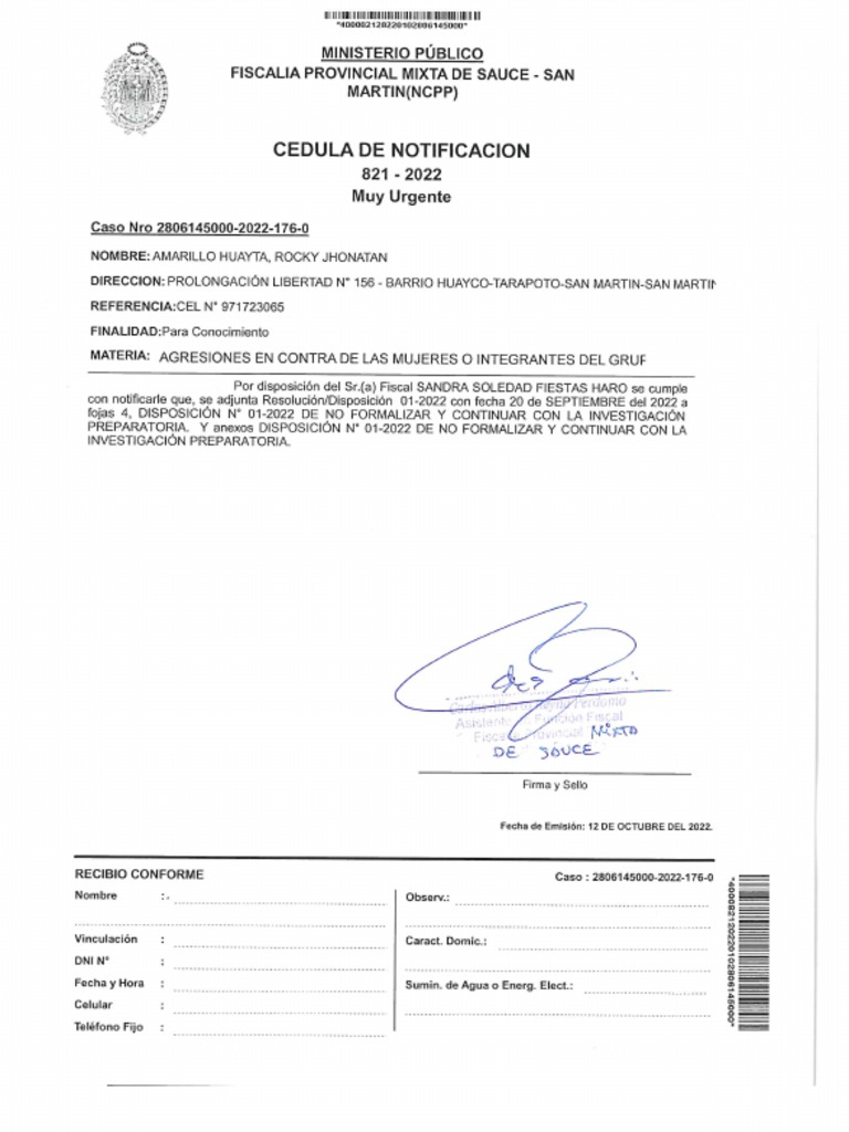 Cedula de Notificacion #821 - 2022 | PDF