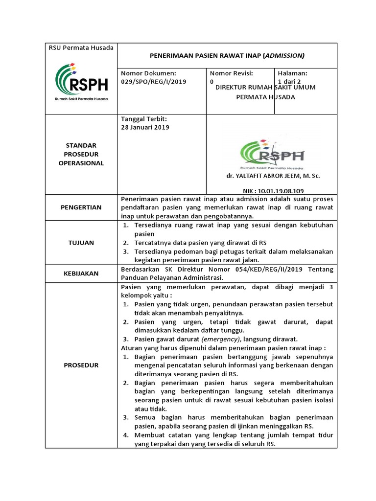 Spo Penerimaan Pasien Ranap SDH Edit | PDF